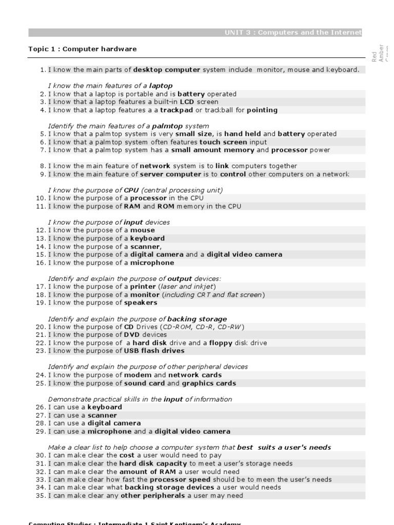 Topic 1 Computer Hardware Unit 3 Computers And The Internet Pdf Application Software