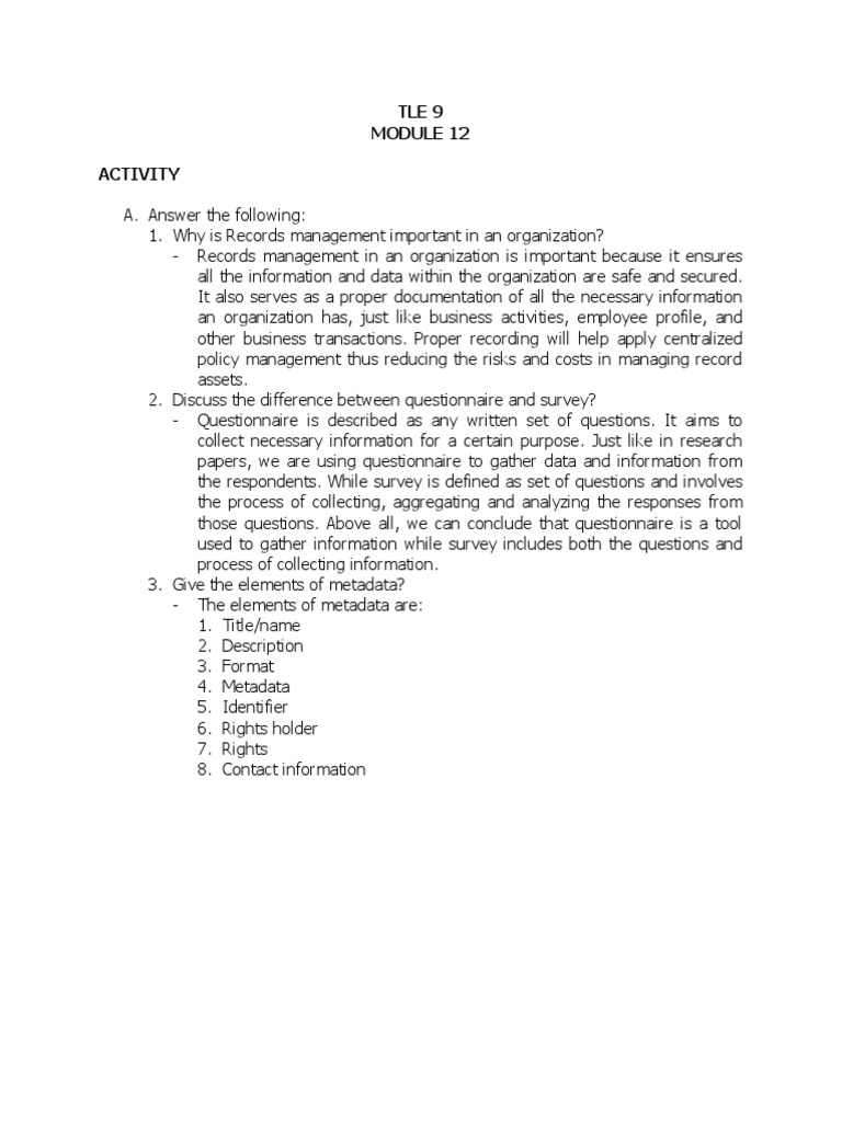 Tle 9 Activity | PDF | Metadata | Survey Methodology