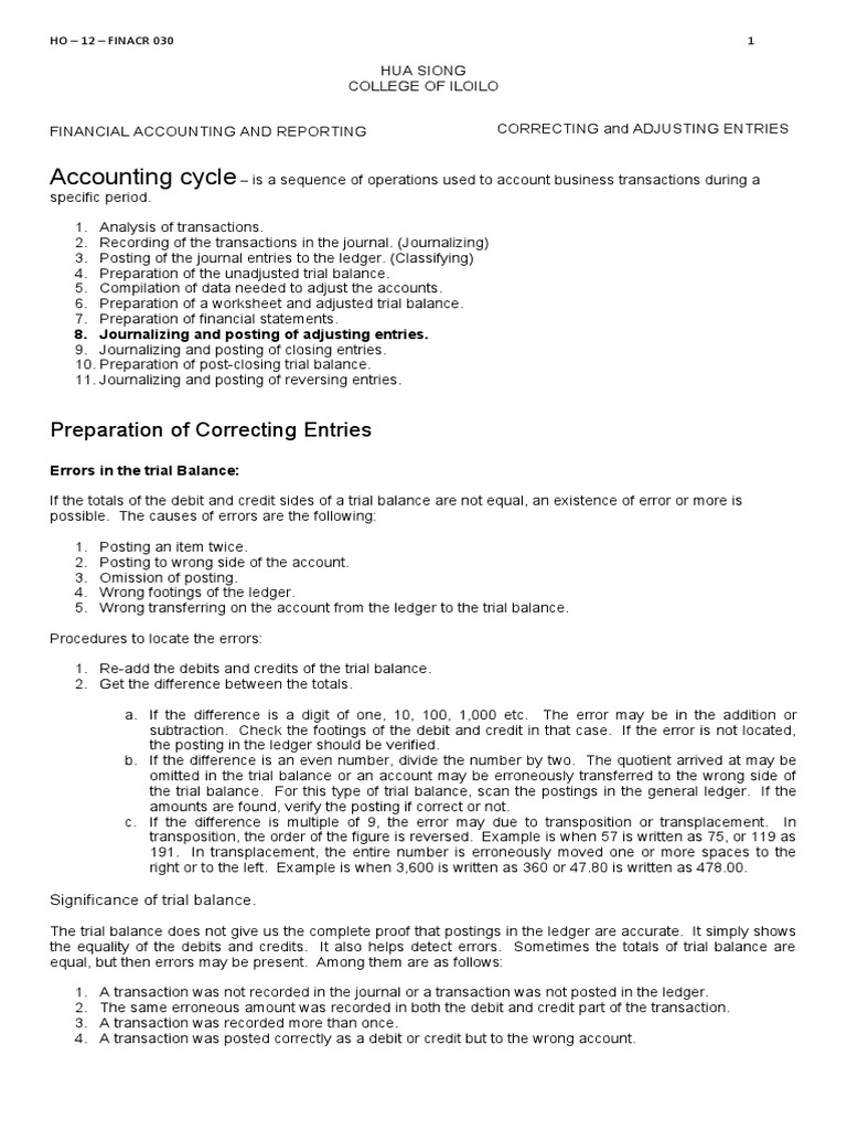 Accounting Cycle: Preparation of Correcting Entries | PDF | Expense ...
