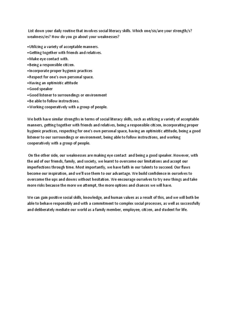 Developing Social Literacy Skills: An Analysis of Daily Routines ...