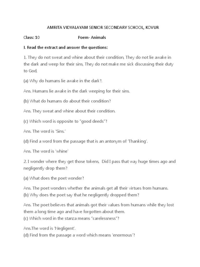 Amrita Vidyalayam Senior Secondary School, Kovur Class: 10 Poem-Animals ...