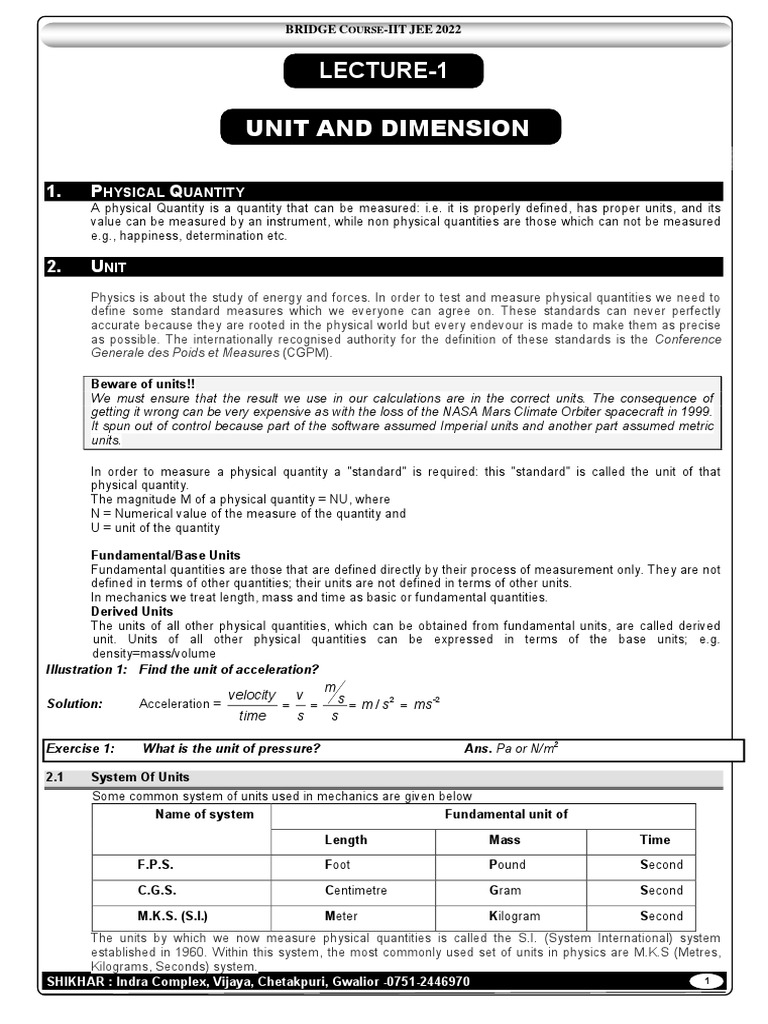 IIT JEE Physics Bridge Course | PDF | Kilogram | International System Of Units