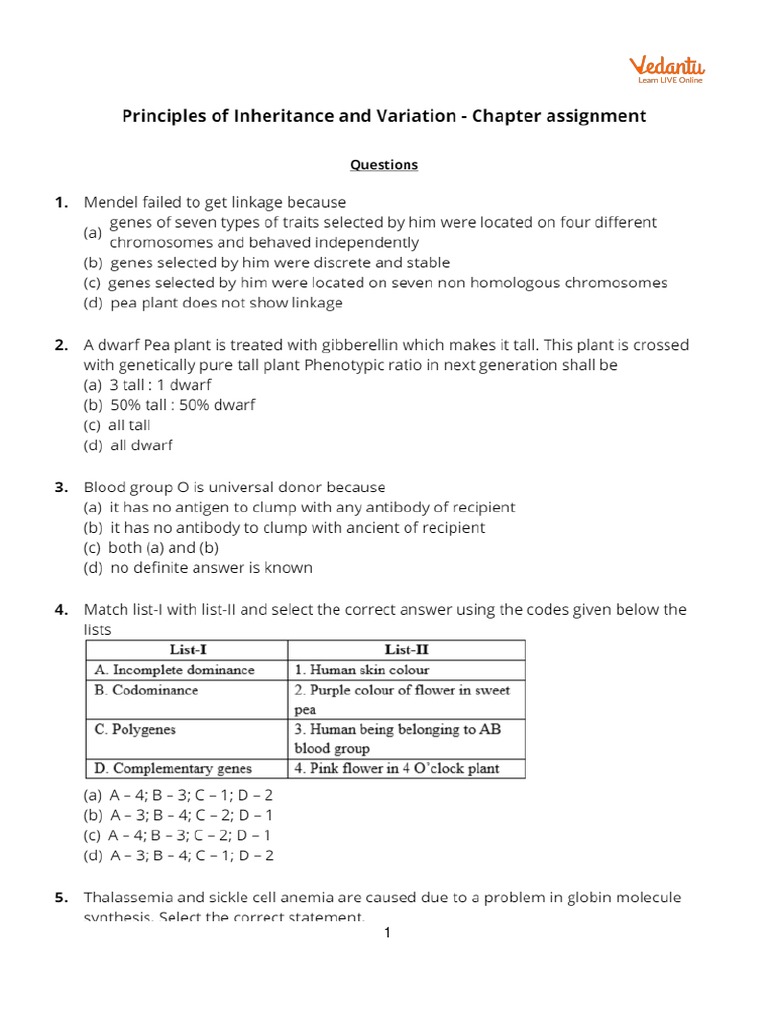 Principles of Inheritance and Variation - Chapter Assignment | PDF