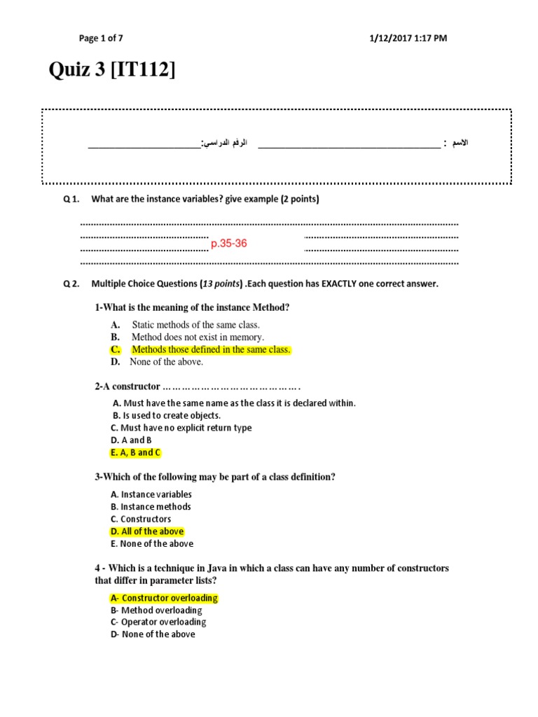 Key Quiz 3 Pdf Programming Constructor Object Oriented Programming 