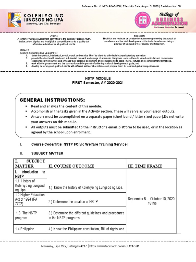 General Instructions:: NSTP Module FIRST Semester, AY 2020-2021 | PDF ...