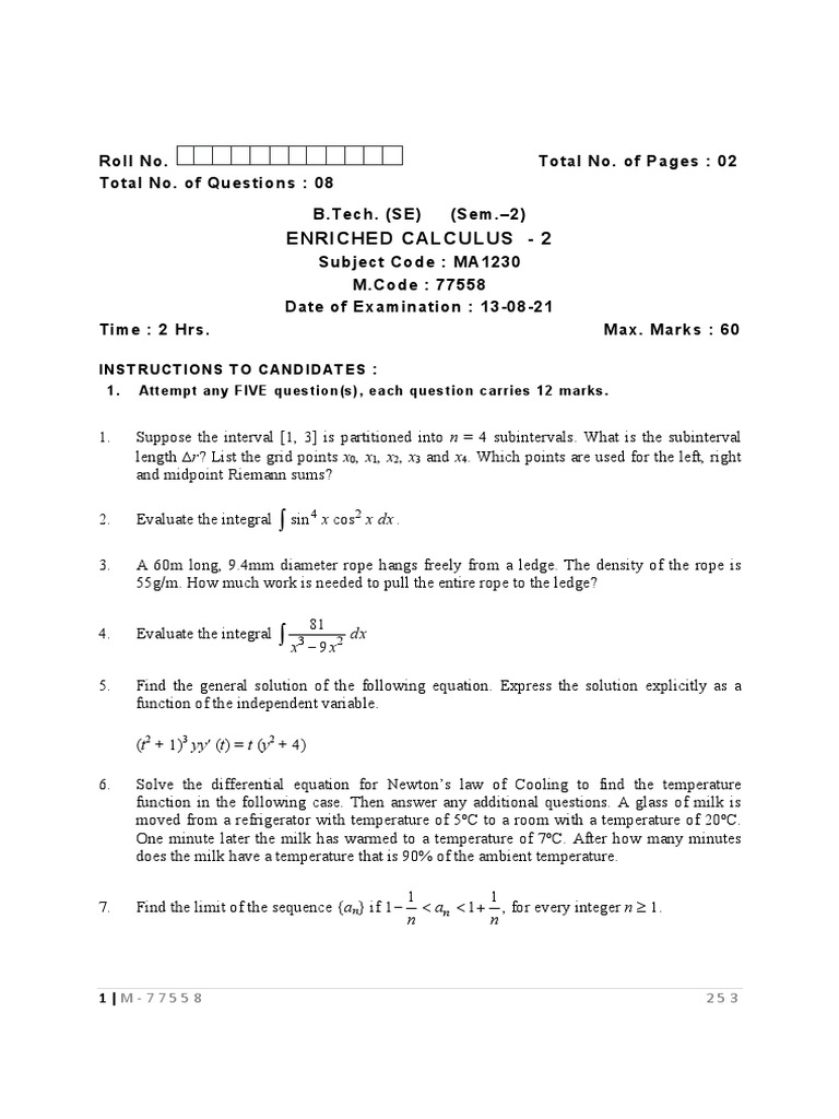 Enriched Calculus - 2: Inst Ruct Ions T O Cand Idat Es | PDF | Mathematical Objects ...