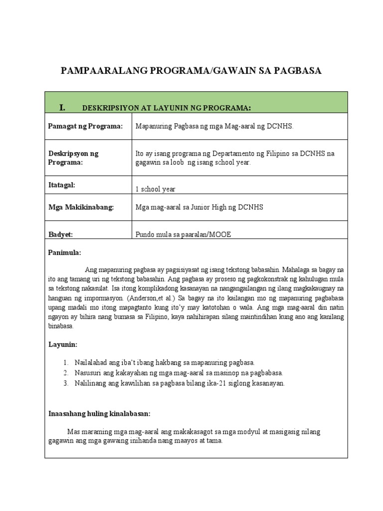 Pampaaralang Programa Sa Pagbasa | PDF