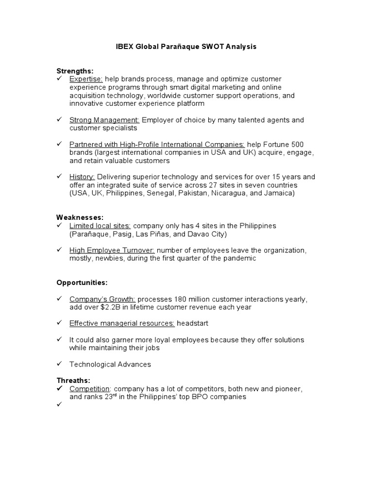 IBEX Global Parañaque SWOT Analysis | PDF | Employment | Outsourcing