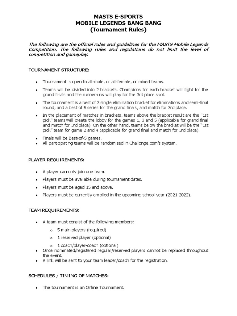 MLBB Tournament Rules | PDF | Tournament | Professional Wrestling