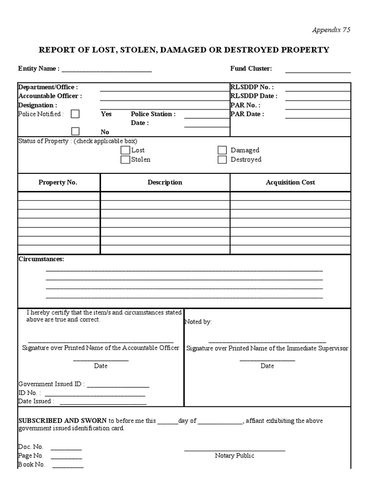 Report of Lost, Stolen, Damaged or Destroyed Property | PDF | Government