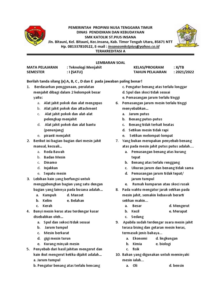 Soal Teknologi Menjahit | PDF