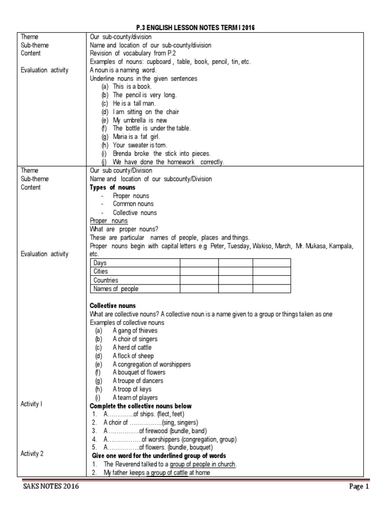 P3 English Lesson Notes Term I - III | PDF | Plural | Grammatical Gender