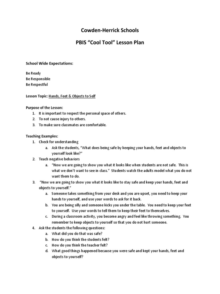 Cowden-Herrick Schools PBIS "Cool Tool" Lesson Plan: School Wide ...
