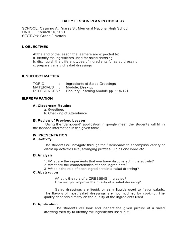 Daily Lesson Plan in Cookery | PDF | Salad | Classroom