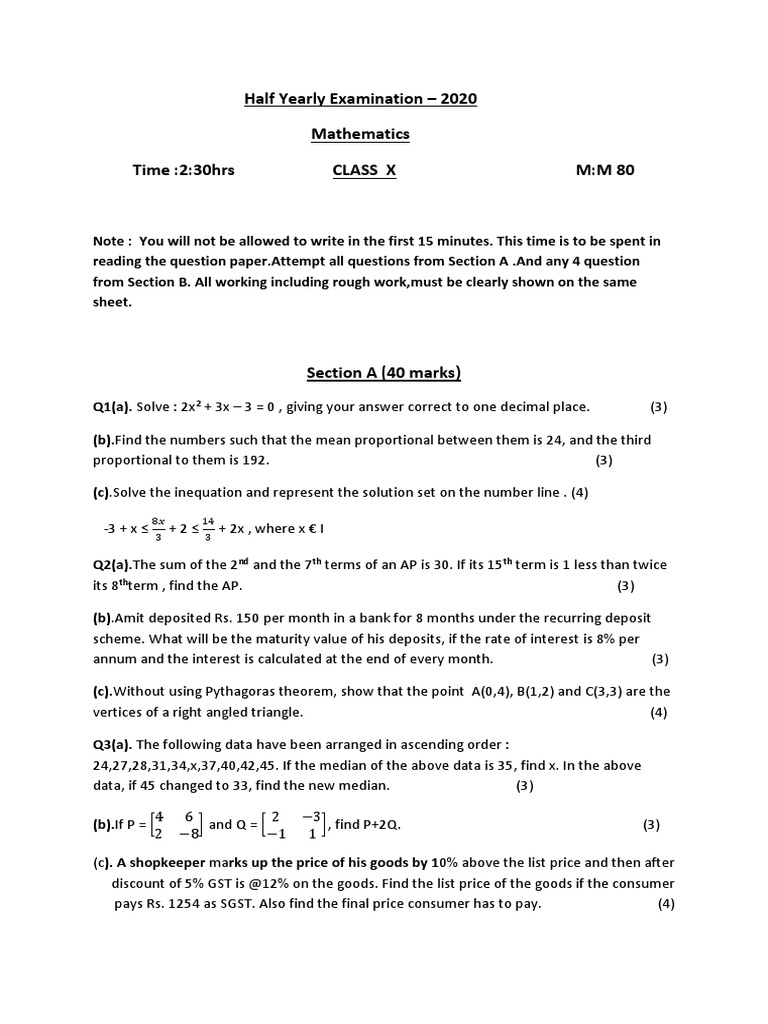 Half Yearly Examination - 2020 Mathematics Time:2:30Hrs Class X M:M 80 ...