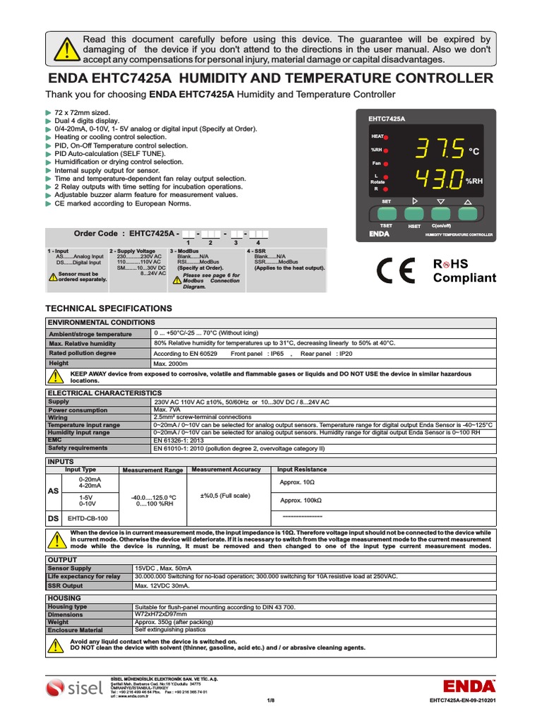 Enda Ehtc7425A Humidity and Temperature Controller: Technical ...