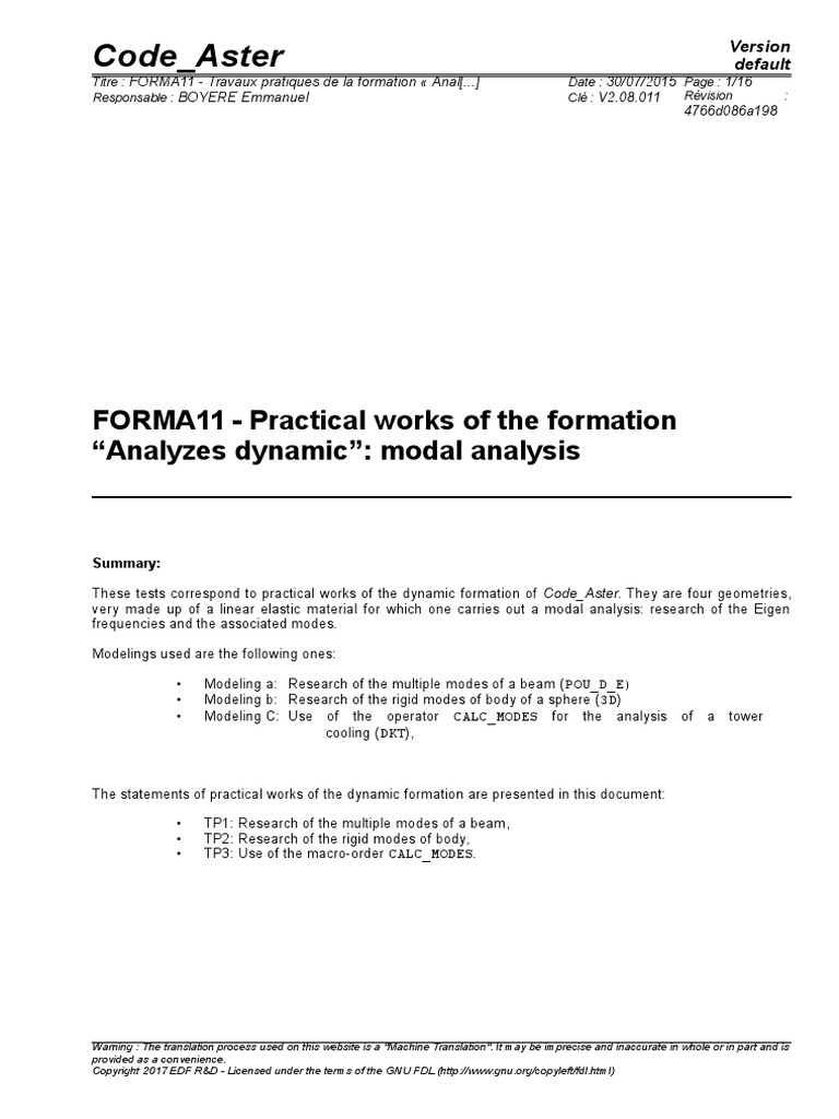 Code - Aster: FORMA11 - Practical Works of The Formation "Analyzes Dynamic": Modal Analysis ...