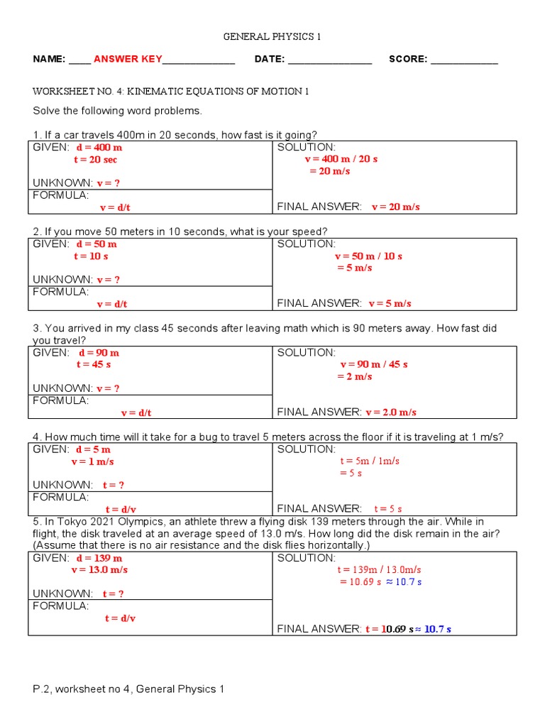Worksheet No. 4 Kinematic Equations of Motion 1 Answer Key | PDF ...