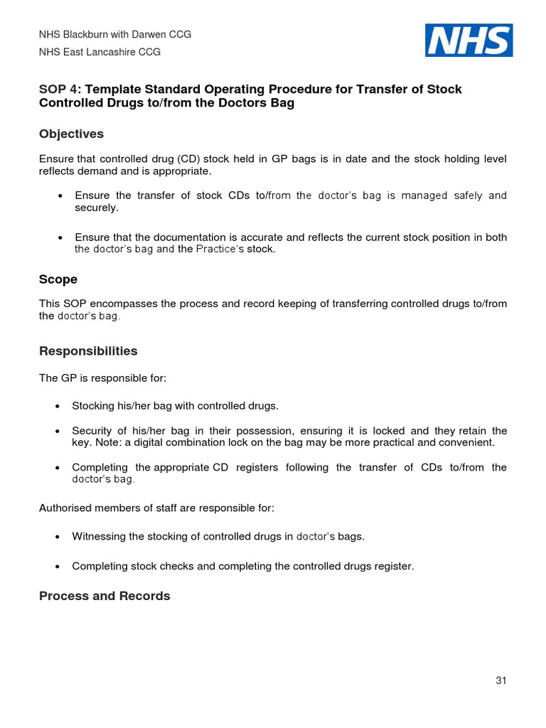 SOP 4 Template Standard Operating Procedure For Transfer of Stock ...