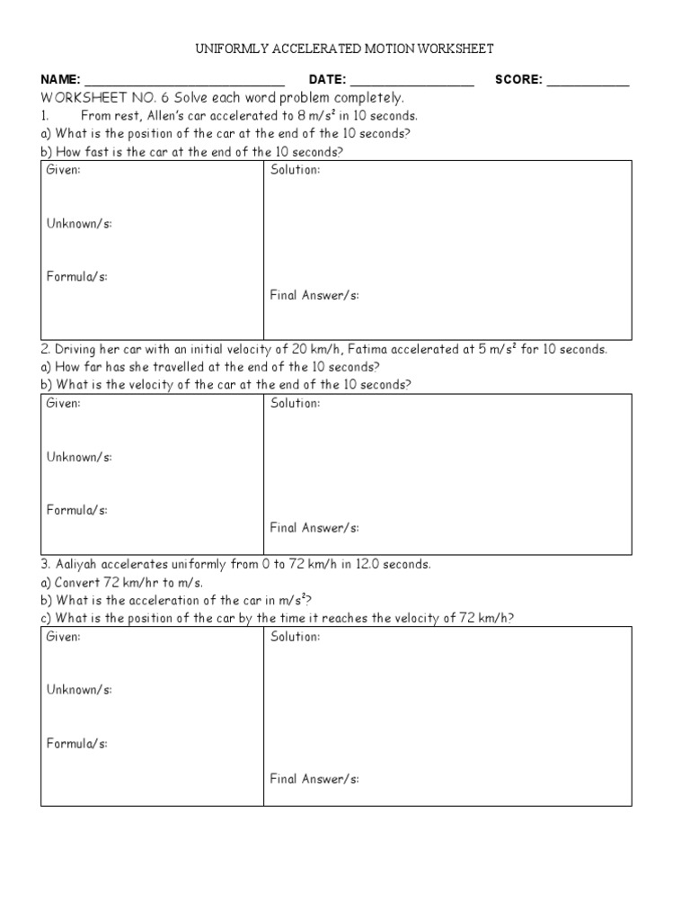 Worksheet No. 6 Uniformly Accelerated Motion | PDF