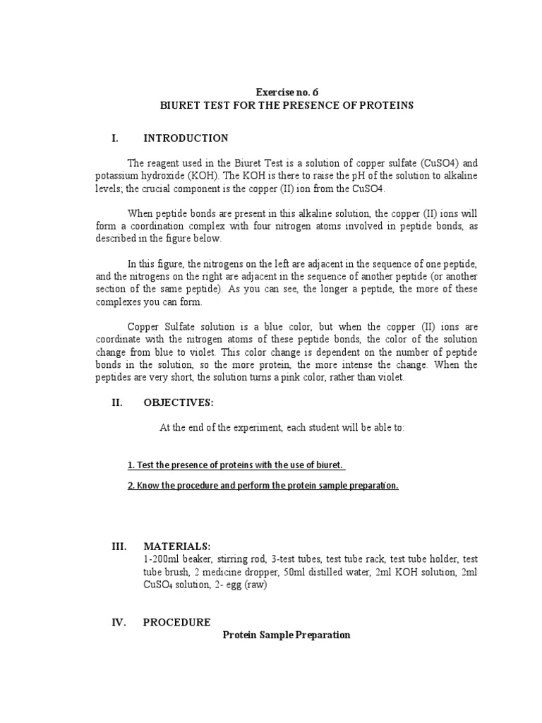 Exp. 6 Biuret Test For The Presence of Proteins | PDF | Egg White ...