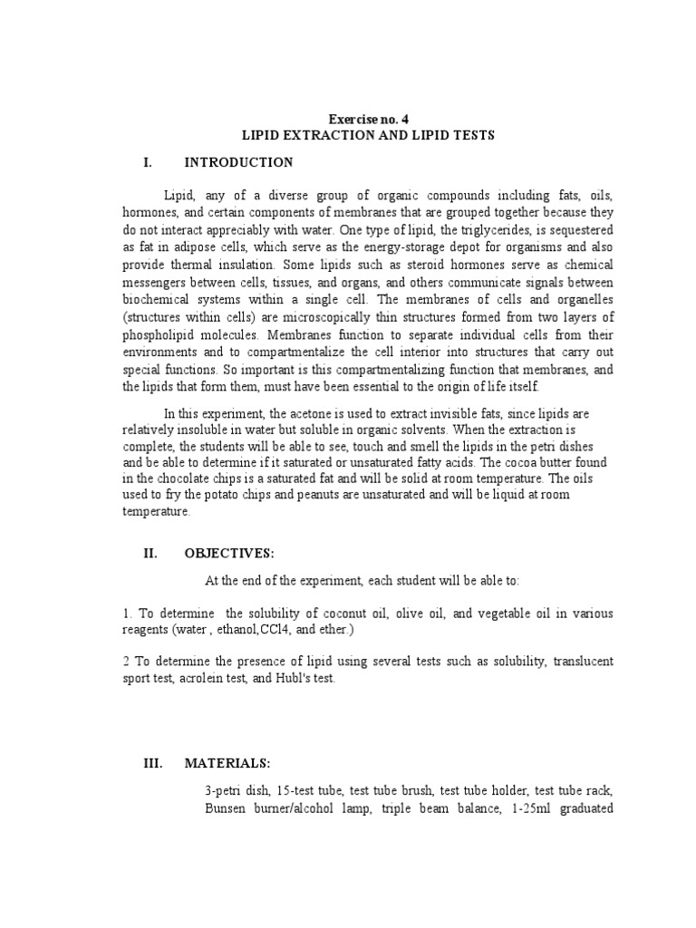 Exp. 4 Lipid Extraction and Lipid Tests | PDF | Lipid | Fat