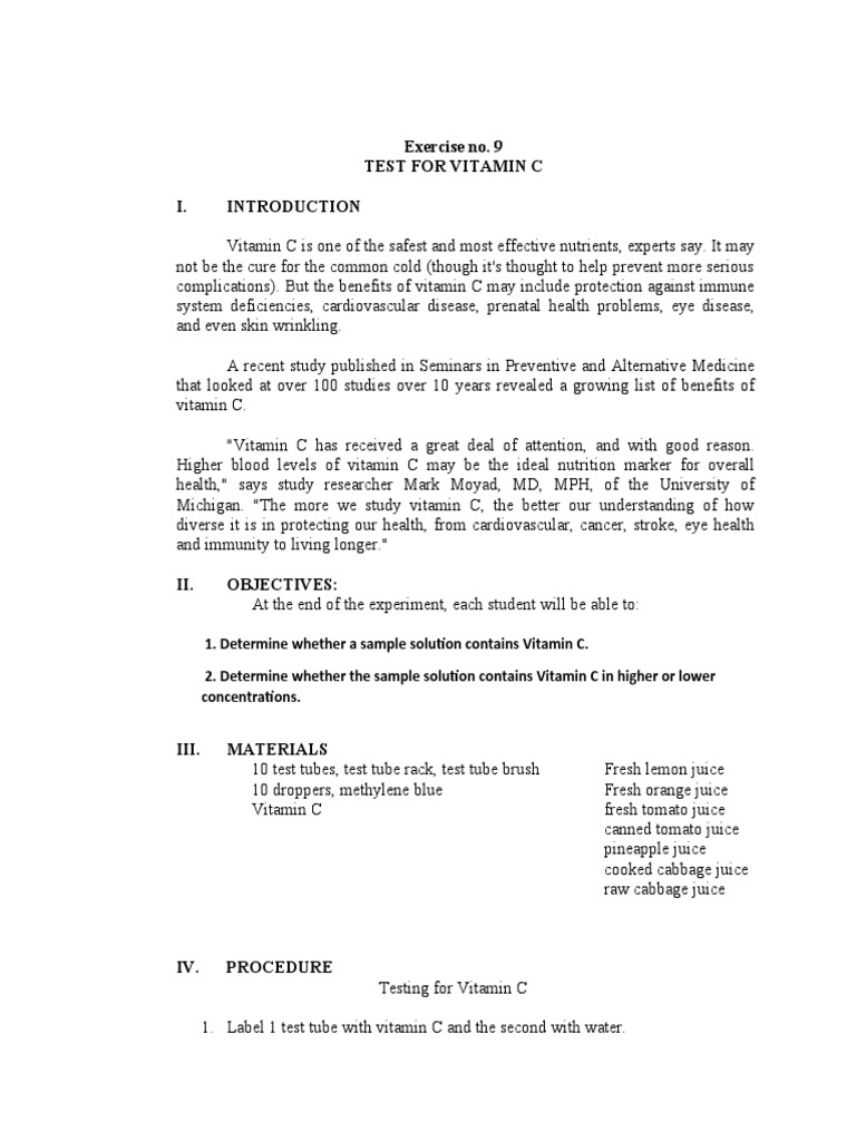 Exp. 9 Test For Vitamin C | PDF | Vitamin C | Juice
