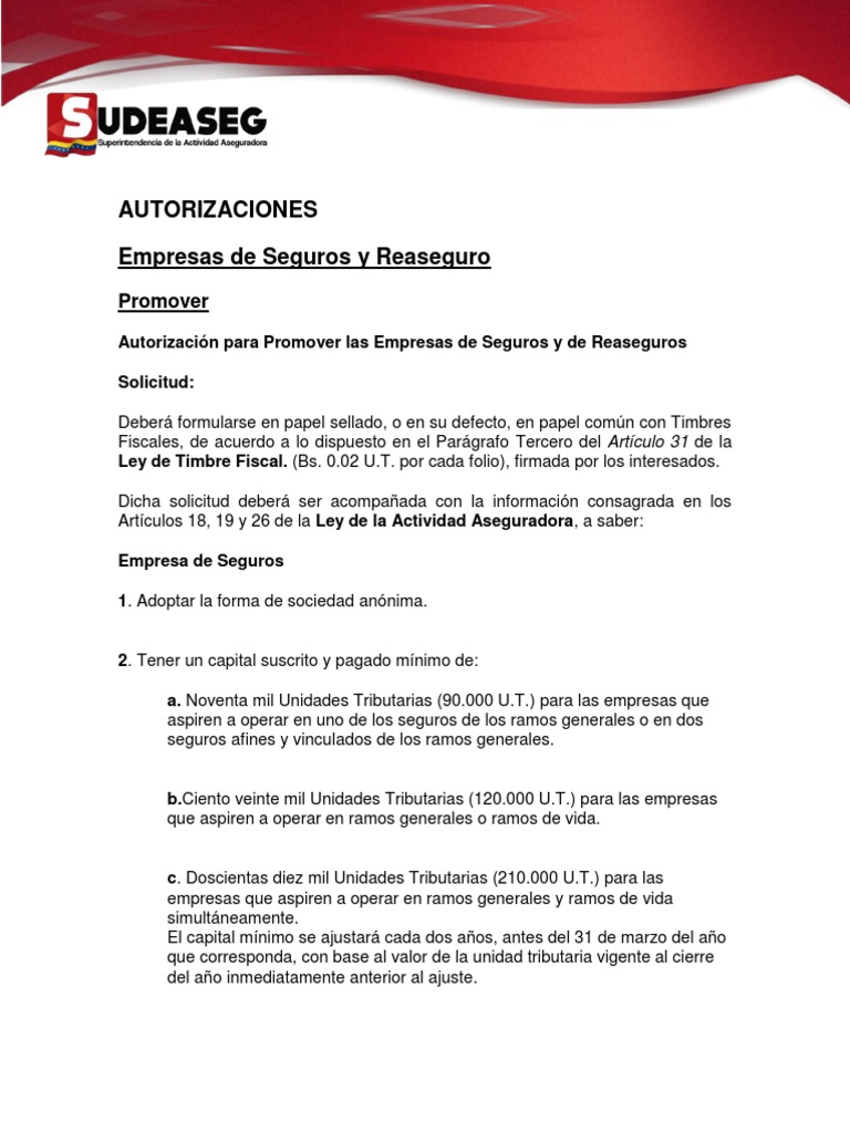 Procedimientos Ante SUDEASEG para Promocion y Constitucion de Empresas de Seguro y Reaseguro ...