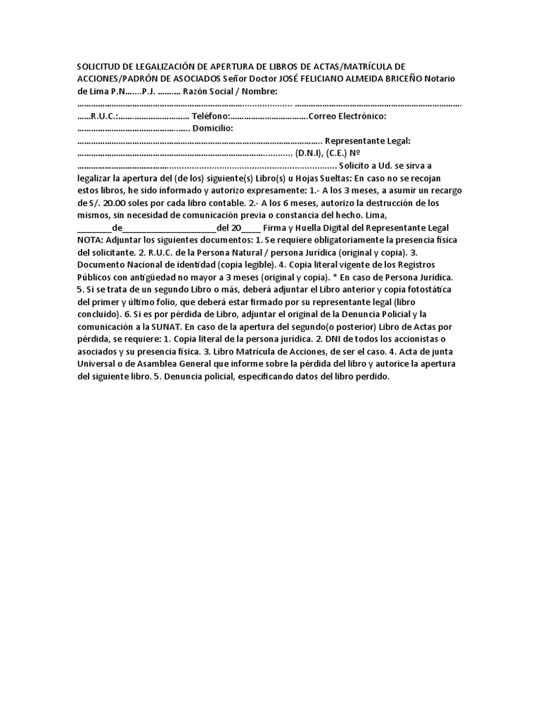 Solicitud de Legalización de Apertura de Libros de Actas | PDF