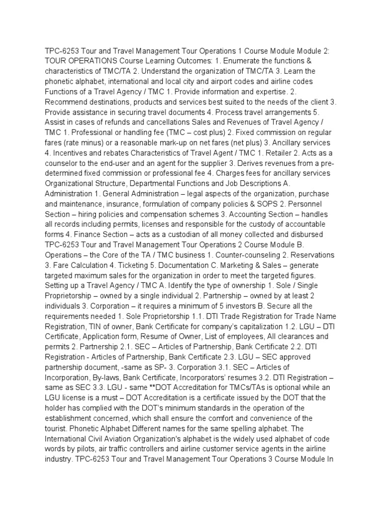 TPC-6253 Tour and Travel Management Tour Operations 1 Course Module 2 | PDF | Travel Agency ...