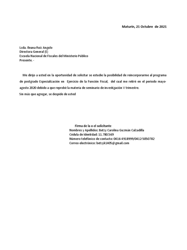 Modelo Carta Solicitud REINCORPORACIÓN. 2 | PDF