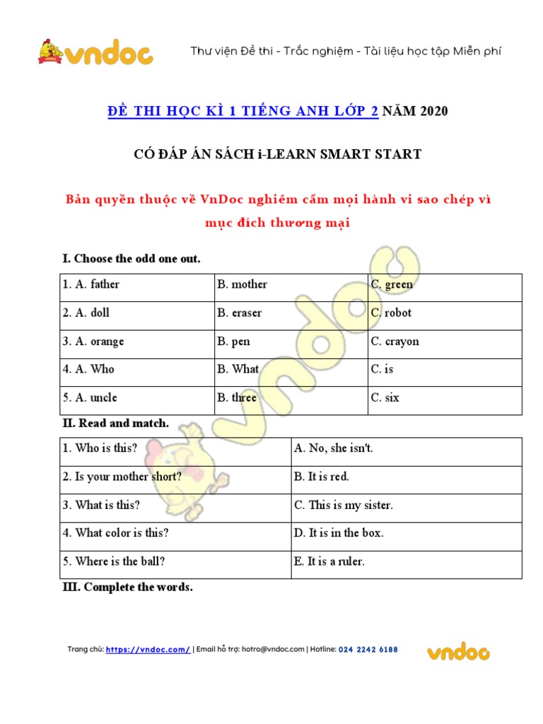 (123doc) Tai Ve de Thi Tieng Anh Lop 2 Hoc Ki 1 I Learn Smart Start Nam 2020 So | PDF