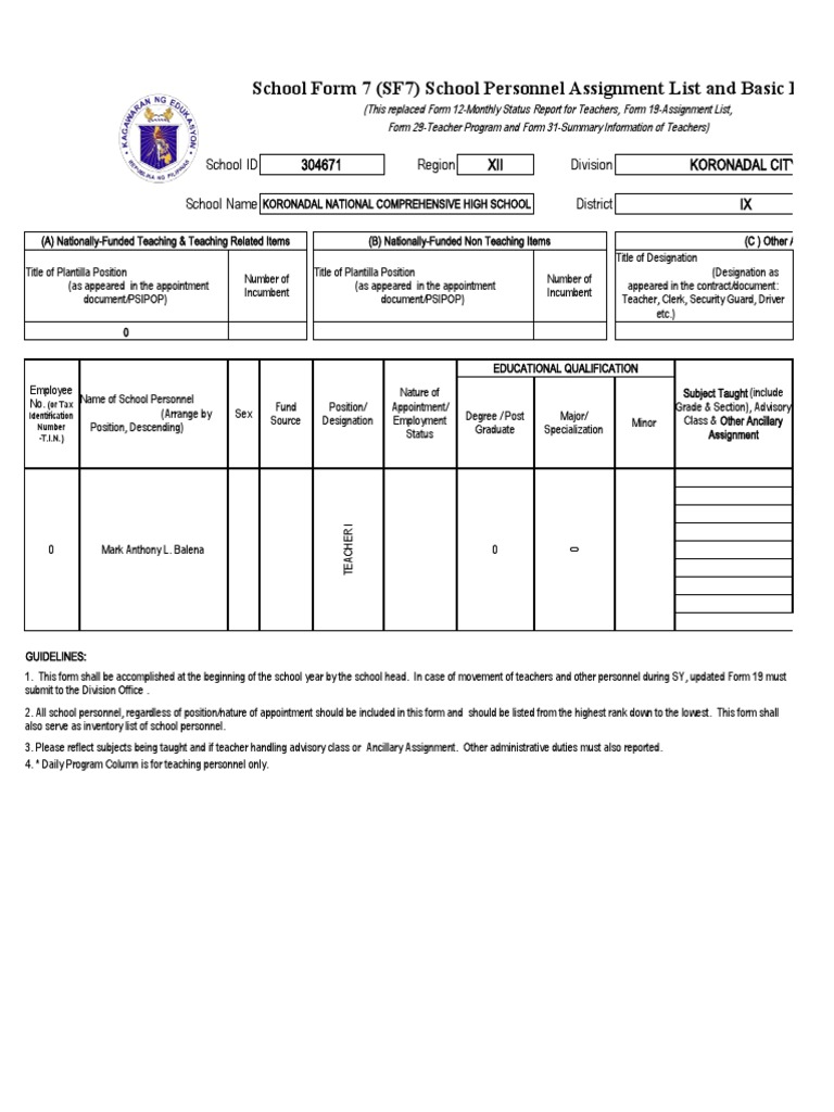 School Form 7 (SF7) School Personnel Assignment List and Basic Profile ...