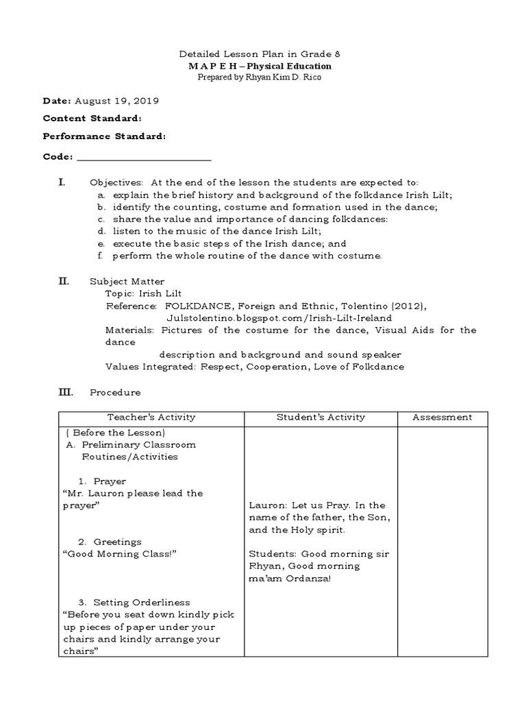 LP (Irish Lilt) Unit IV - 1 | PDF | Dances | Lesson Plan