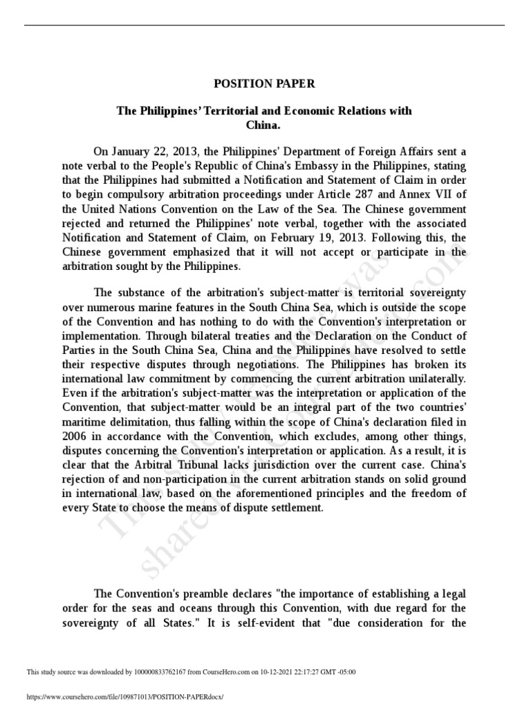 Position Paper | PDF | International Law | South China Sea