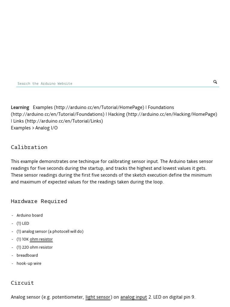 Calibration: Examples Analog I/O | PDF | Arduino | Resistor