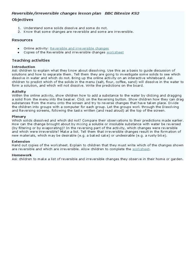 Objectives: Reversible and Irreversible Changes Worksheet | PDF