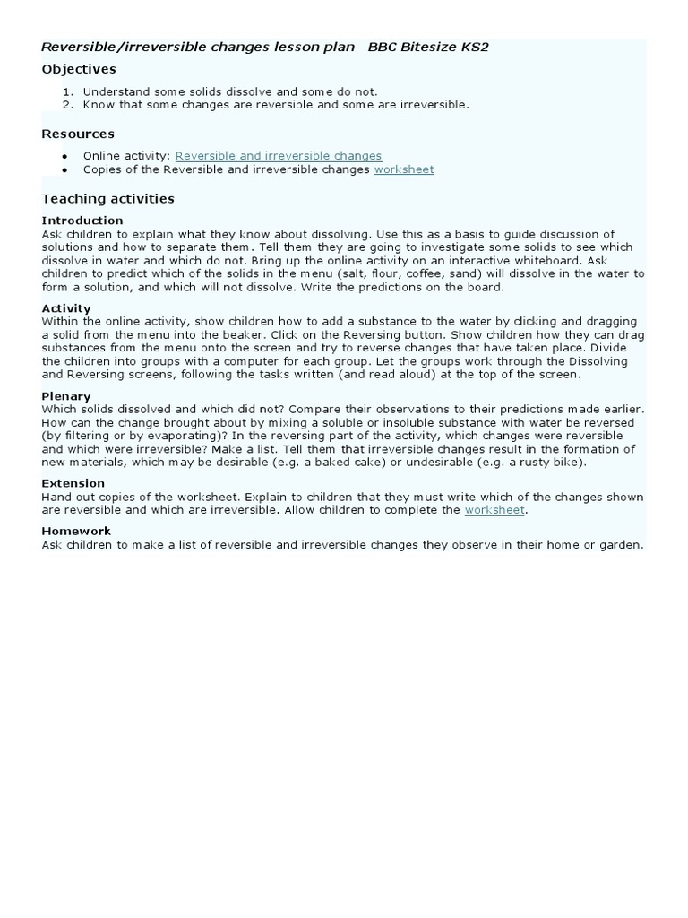 KS2 Lesson on Changes: Reversible & Irreversible | PDF | Wellness