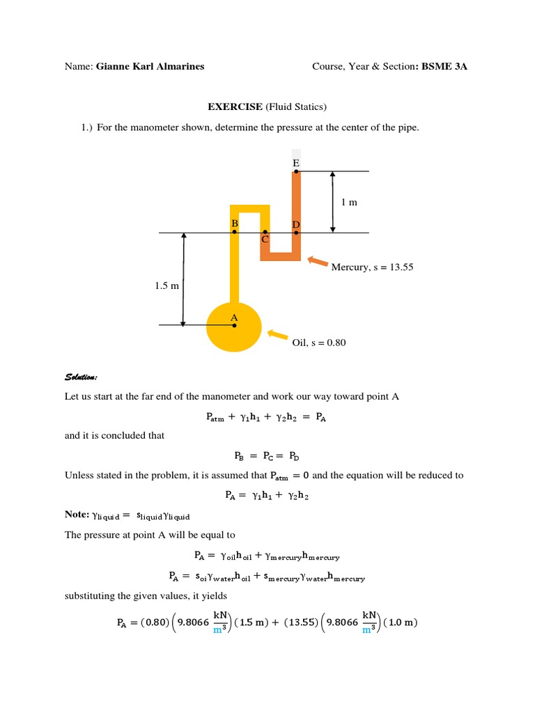EXERCISE (Fluid Statics) : Solution | Download Free PDF | Pressure | Volume