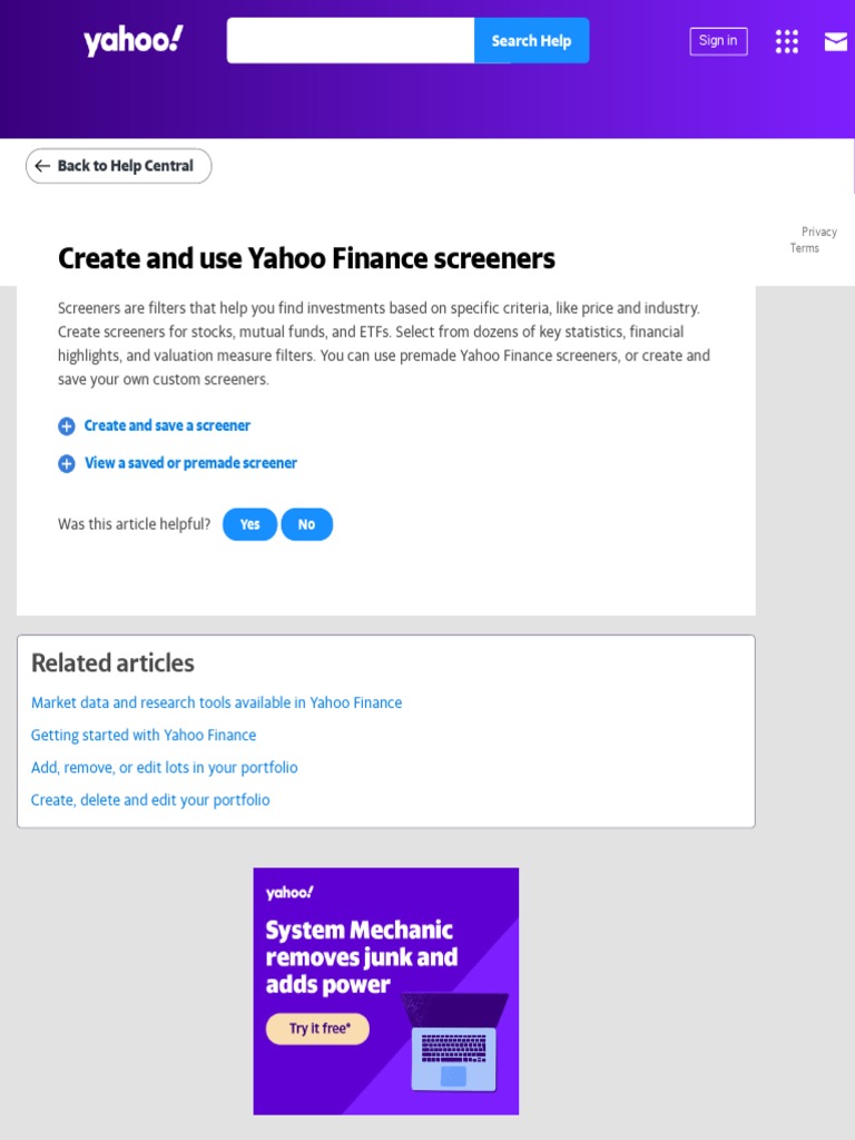Create and Use Yahoo Finance Screeners - Finance For Web Help | PDF