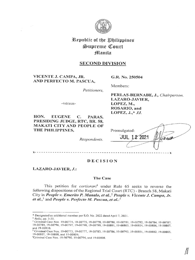 Inordinate Delay in Prosecution - Vicente J. Campa, Jr. and Perfecto M. Pascua Vs. Hon. Eugene C ...