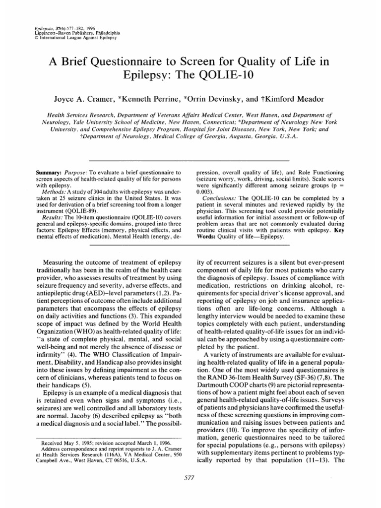 A Brief Questionnaire To Screen For Qual | PDF | Epilepsy | Validity ...