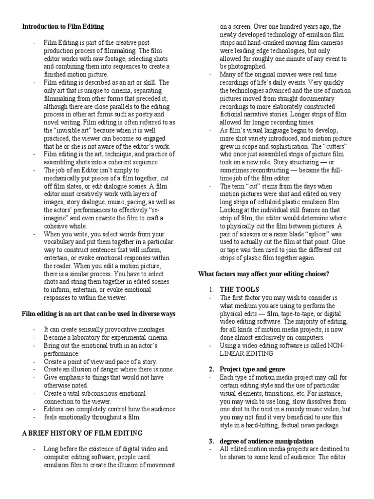 Introduction To Film Editing | PDF | Video | Film Industry