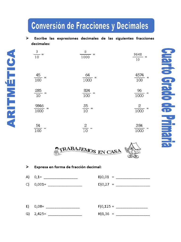Hoja De Trabajo De Fracciones Como Decimales