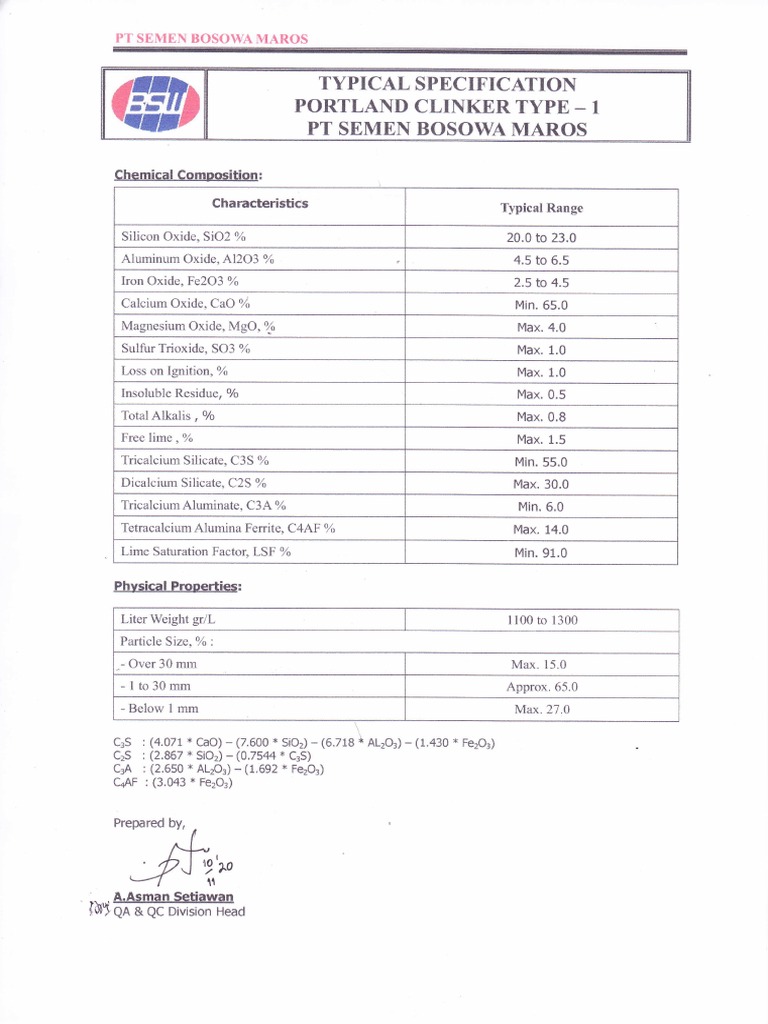 Typical Spesification Clinker Type-1 | PDF | Building Engineering | Building Materials