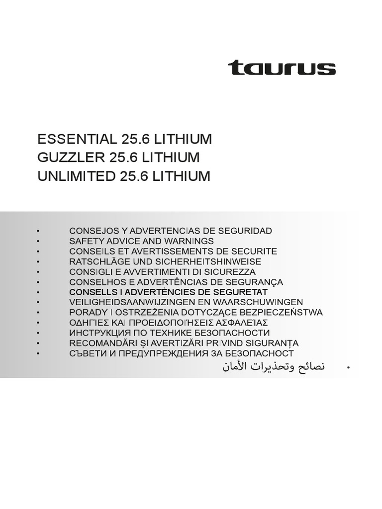 SAFETY MANUAL Taurus Essential 25.6 Lithium, Guzzler 25.6 Lithium, Unlimited 25.6 Lithium | PDF ...