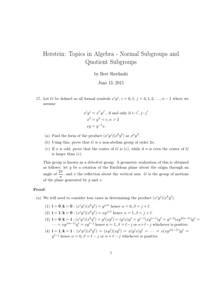 Herstein Topics In Algebra Normal Subgroups And Quotient Subgroups