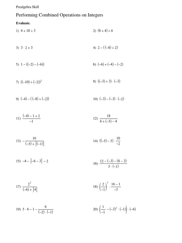 Performing Combined Operations On Integers: Evaluate | PDF