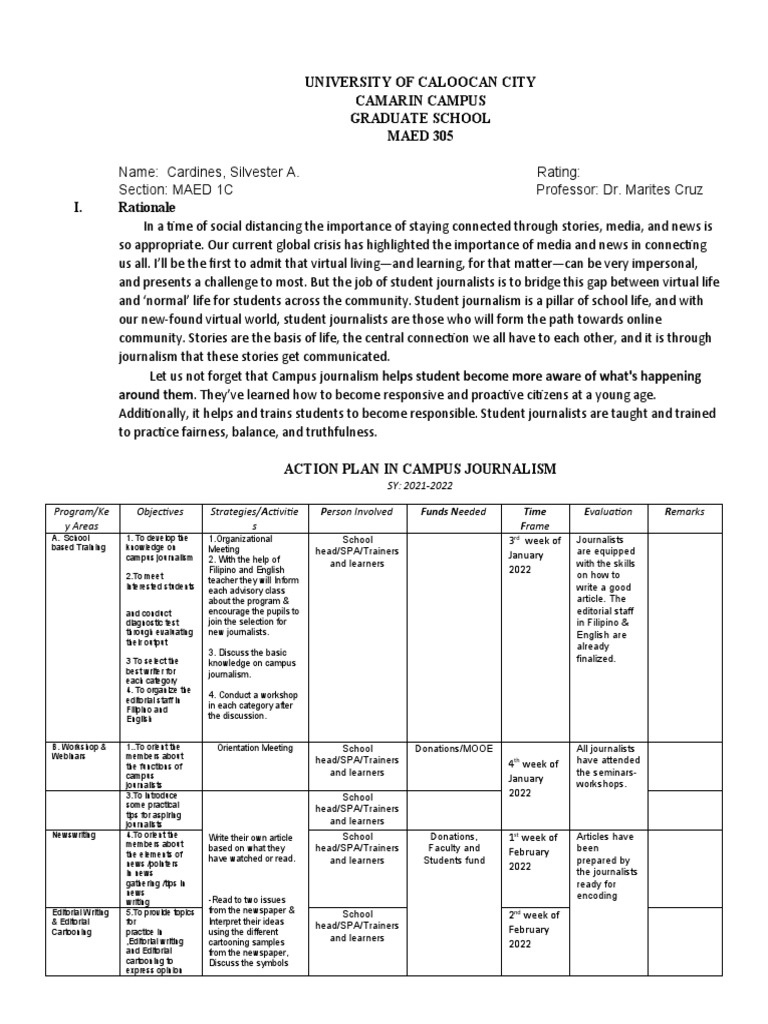 University of Caloocan City Camarin Campus Graduate School MAED 305 ...