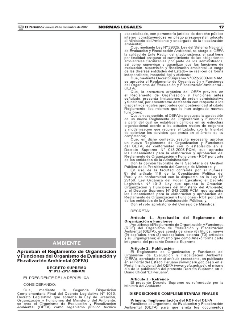 1.0 D.S. #013-2017-MINAM, Reglamento de Organizacion y Funciones Del OEFA | PDF | Gobierno